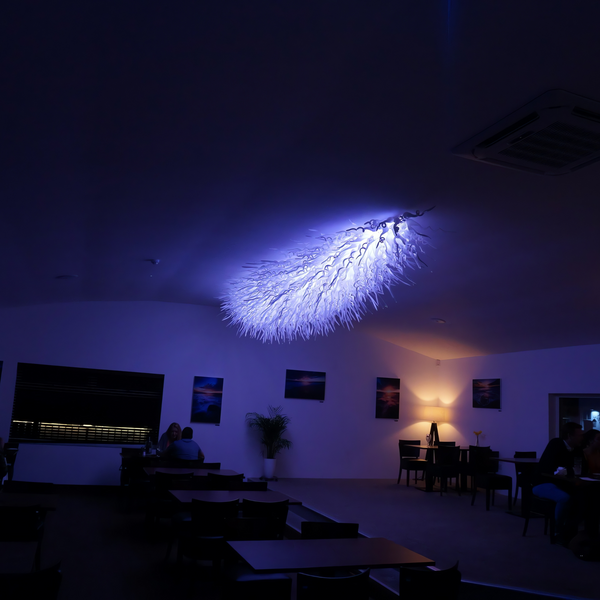 Long Bespoke White Art Glass Ceiling Installation - Mallory Custom Lighting