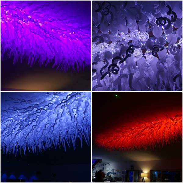 Long Bespoke White Art Glass Ceiling Installation - Mallory Custom Lighting